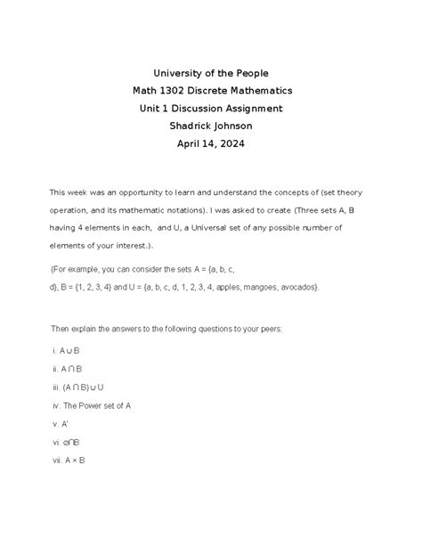 Discrete Math 1302 Unit 1 Discussion Assignment University Of The People Math 1302 Discrete