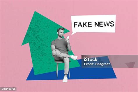 복합 크리 에이 티브 아트 콜라주 행복 한 남자 홀드 전화 버블 가짜 뉴스 알림 세뇌 사기 페인트 배경에 고립 된 Cult에 대한 스톡 사진 및 기타 이미지 Istock