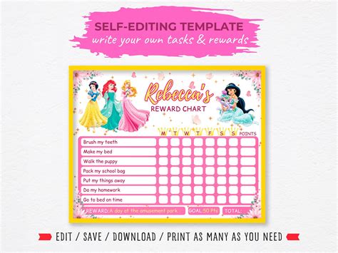 Editable Princess Chore Charts Items Similar To Disney Princess Chore
