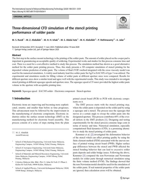 Three Dimensional Cfd Simulation Of The Stencil Printingperformance Of Solder Paste Pdf