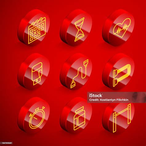 세트 라인 캘린더 피트니스 오래된 모래 시계 심박수 복싱 장갑 가슴 익스팬더 스톱워치 및 스포츠 영양 아이콘 벡터 3차원 형태에