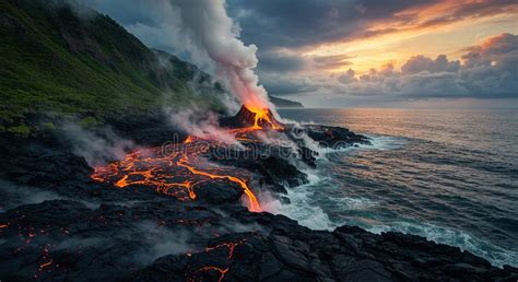 Hawaiian Volcano Coast Lava Flows From An Active Volcano Into The