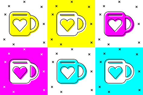 색상 배경에 고립 된 커피 컵과 하트 아이콘을 설정합니다 발렌타인 데이에 연인을위한 커플 커피 벡터 검은색에 대한 스톡 벡터
