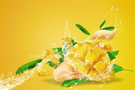 Premium Photo Water Splashing On Fresh Sliced Mango Fruit With Mango Cubes Isolated On Yellow