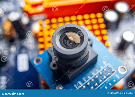 Camera With Lens On Electronic Integrated Circuit Board Concept Of High Technology And Robotics