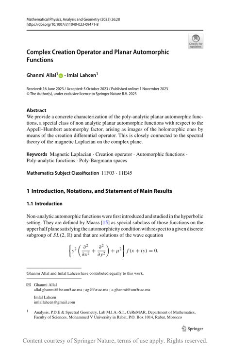 Complex Creation Operator And Planar Automorphic Functions