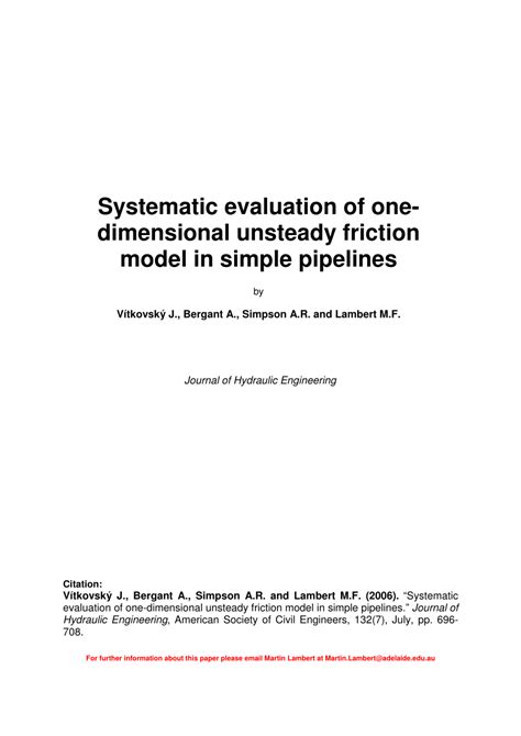 Pdf Systematic Evaluation Of One Dimensional Unsteady Friction
