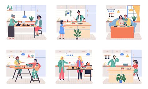 채식 음식을 요리하는 사람들 벡터 일러스트 레이 션입니다 집에서 요리하는 사람들의 집합 건강한 음식 요리하기 가정 주방에 대한 스톡 벡터 아트 및 기타 이미지 Istock