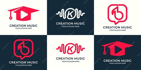 졸업 모자 재생 버튼 문자 K 음악 주파수 채팅 톤의 로고 조합 세트 프리미엄 벡터