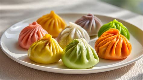 Colorful Dumplings Steamed On White Plate Ready To Eat Stock Image