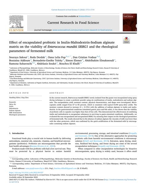 Pdf Effect Of Encapsulated Probiotic In Inulin Maltodextrin Sodium