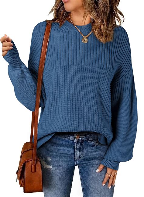 Eytino Womens Sweater Solid Cable Knit Pullover Sweaters Casual Long Lantern Sleeve Pullover