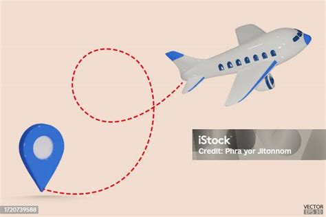 3d 만화 파란색 비행기가 날고 빨간색 점선 흔적을 남깁니다 비행기 노선 경로 경로 시작 지점에서 빨간색 점과 파란색 점선 추적으로 이동합니다 여행 벡터 아이콘입니다 3d