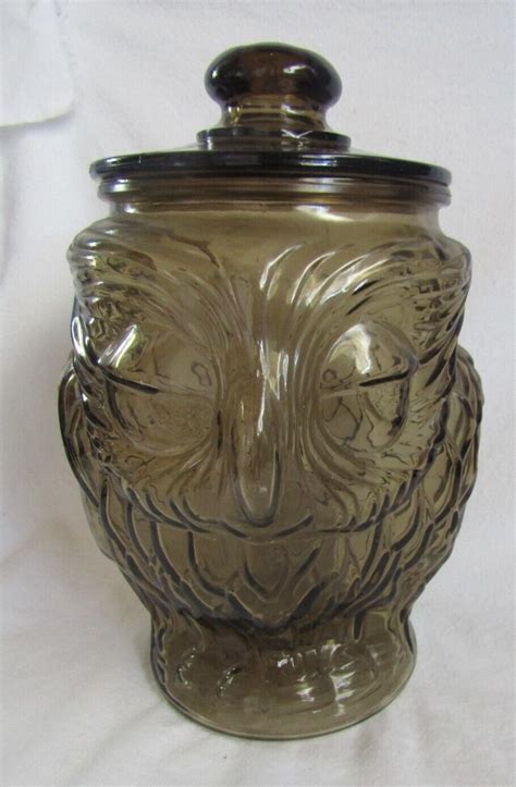 Vintage 1970s Smoked Glass Owl Cookie Jar Large Brown