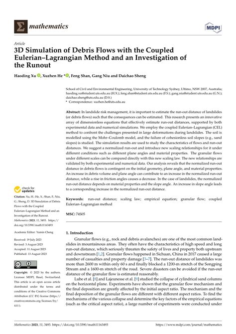 Pdf 3d Simulation Of Debris Flows With The Coupled Eulerianlagrangian Method And An