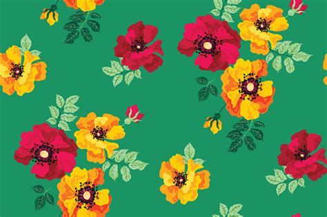 여름 색상의 매끄러운 꽃 패턴 큰 밝은 로즈힙 꽃과 귀여운 꽃 프린트 녹색 배경에 추상적 인 배열로 나뭇잎 벡터 0명에 대한 스톡 벡터 아트 및 기타 이미지 Istock