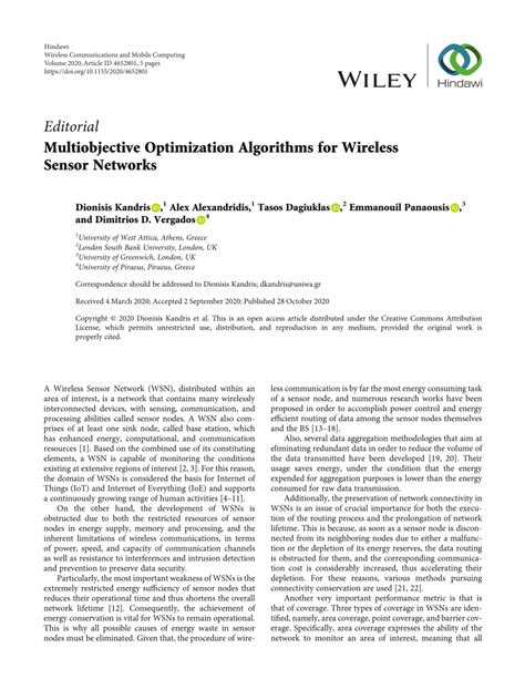 Pdf Multiobjective Optimization Algorithms For Wireless Sensor Networks