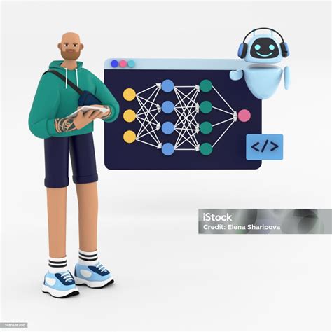 인공 지능을 만드는 과학자와 로봇 기계 프로그래밍 신경망 학습 딥 러닝 사람과 기계가 함께 일하는 개념 3d 렌더링 그림입니다 개념에 대한 스톡 사진 및 기타 이미지