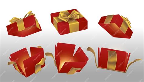 Premium Vector A Set Of Opened Red Surprise Boxes Tied With Gold Ribbons