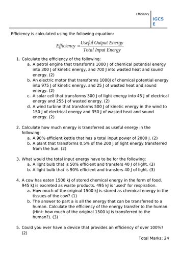Worksheet Efficiency Calculations Teaching Resources