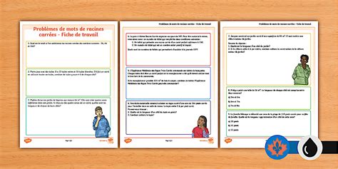 Square Roots Word Problems Worksheet Grade 7 French