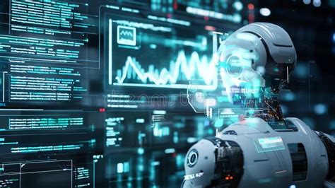Advanced Robotic Figure In A Futuristic Digital Environment With Glowing Data Displays Stock