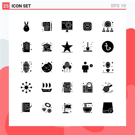 Set Of 25 Vector Solid Glyphs On Grid For Cpu Tech Contract System