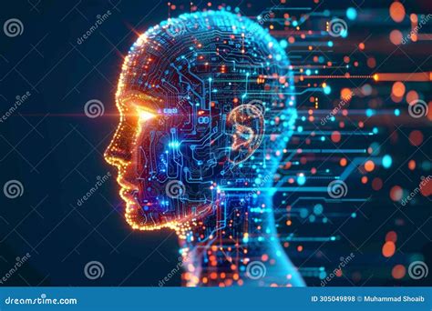 Technology Concept Human Head With Brain Structure Connecting Electronic Circuits Stock