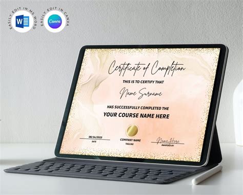 Editable Certificate Of Completion Template Award Template Printable Certificate Editable