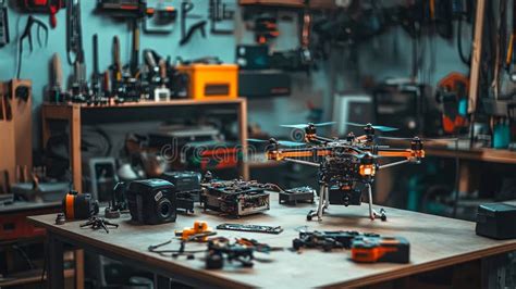 A Clean Drone Workshop With Tools Parts And A Remote Control Ready