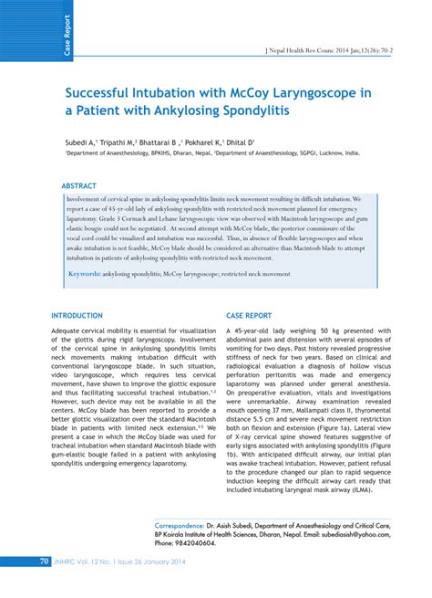 Pdf Successful Intubation With Mccoy Laryngoscope In A Patient With Ankylosing Spondylitis