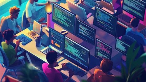A Diverse Group Of Software Developers Coding On Multiple Screens With