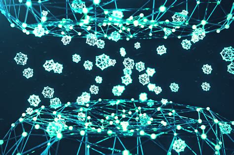 블루 빛나는 냅 인공 신경 인공 지능의 개념에 펄스의 시 냅 스 전송 라인입니다 추상 다각형 공간 낮은 폴 리 연결 점 들과 라인 3d 렌더링 인공적인에 대한 스톡 사진 및