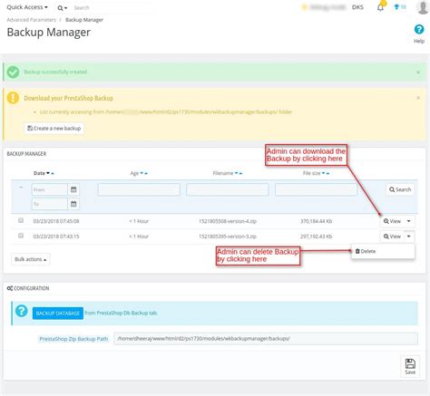 prestashop backup manager