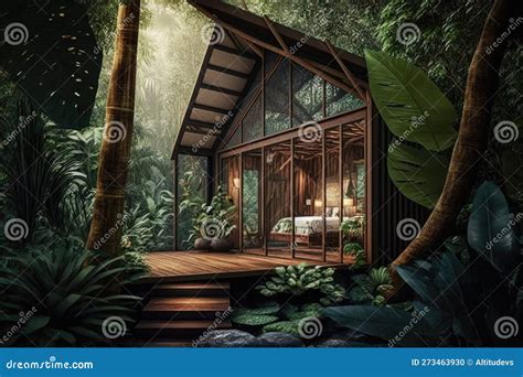 Tropical Wooden Hut In Forest Jungle Interior Design Stock Illustration