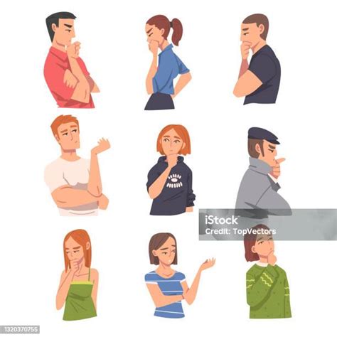 생각하거나 문제 해결 세트 호기심 얼굴 표현 만화 벡터 일러스트와 사려 깊은 사람의 초상화 남자에 대한 스톡 벡터 아트 및 기타