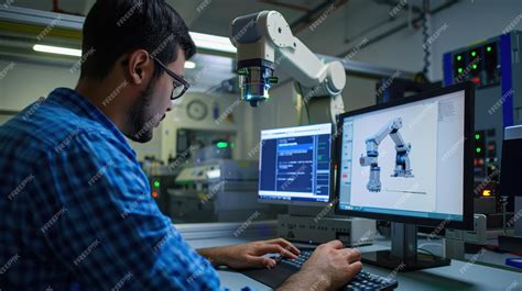 Industrial Engineer Is Programming A Robotic Arm In A Research Laboratory Premium Ai Generated