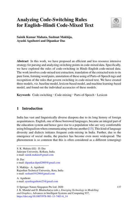 Pdf Analyzing Code Switching Rules For Englishhindi Code Mixed Text