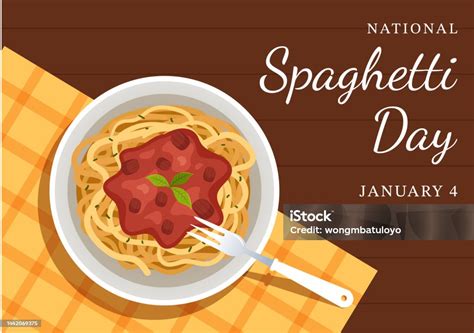 1월 4일 전국 스파게티의 날 이탈리아 국수 또는 파스타 플랫 만화 손으로 그린 템플릿 그림에 다양한 요리 스파게티에 대한 스톡 벡터 아트 및 기타 이미지 Istock