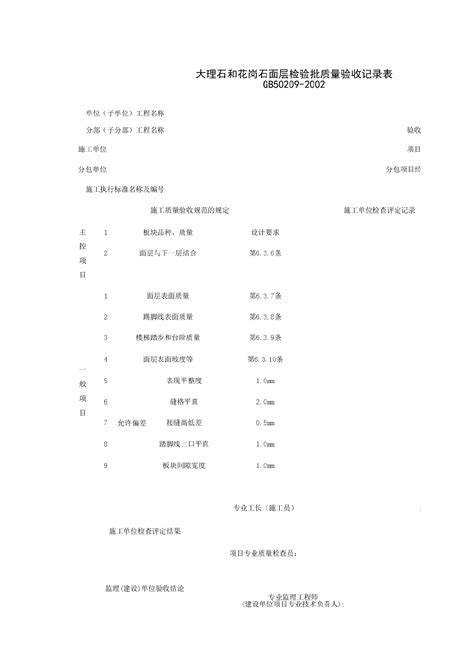 大理石和花岗石面层工程检验批质量验收记录表质量表格土木在线