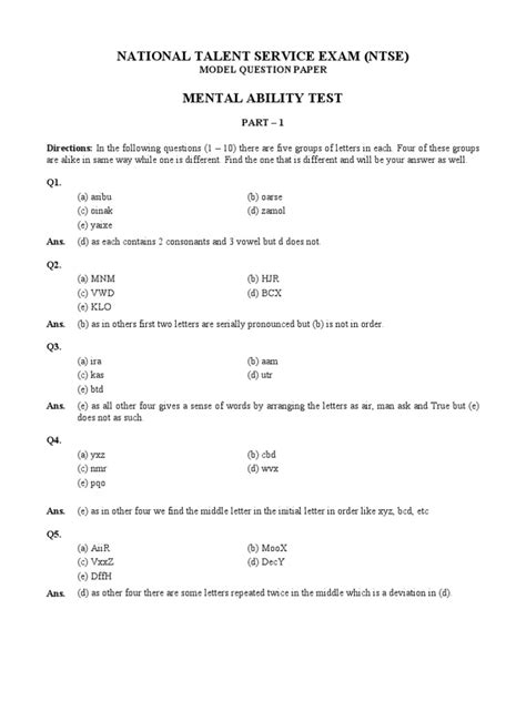 Ntse Mental Ability Test 01 Pdf Teaching Methods And Materials