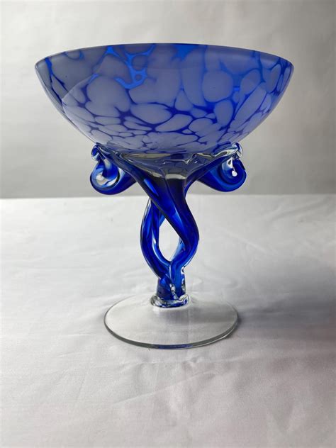 Vintage Jozefina Krosno Hand Blown Glass Bowl Blue Art Glass Footed