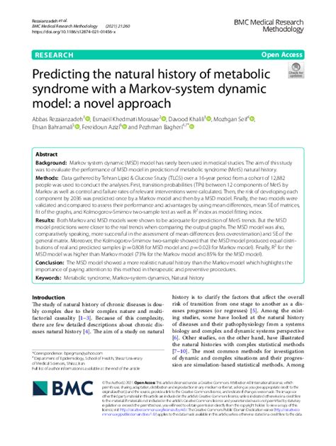 Pdf Predicting The Natural History Of Metabolic Syndrome With A Markov System Dynamic Model A