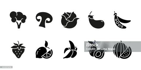 야채와 과일 아이콘은 검은 색으로 설정됩니다 건강 식품 기호입니다 유기 야채 및 신선한 과일 벡터 그림 천연 영양 표시입니다 식료품 및 시장 픽토그램 농장 수확 및 다이어트
