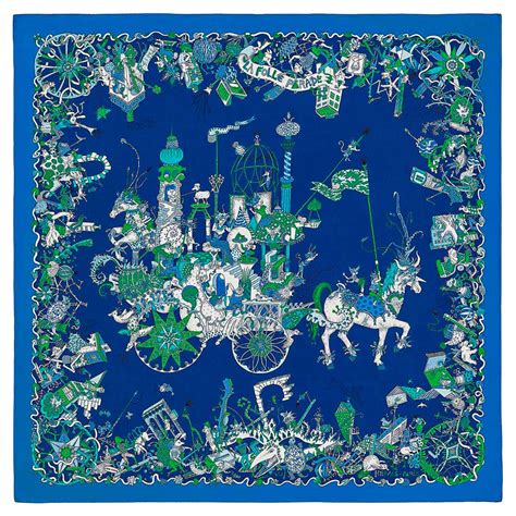 Hermes La Folle Parade Scarf 90 Blue Azur Blue Encre For Sale At 1stdibs