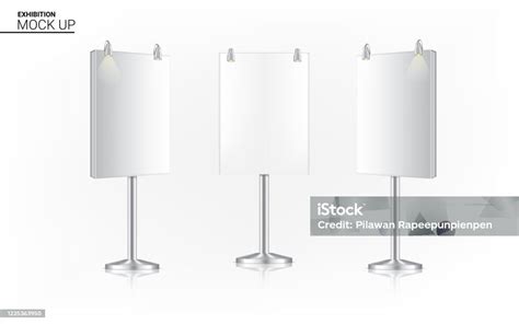 광고 판매 마케팅 홍보 배경 일러스트에 대한 스포트 라이트와 함께 현실적인 스탠드 롤 업 배너 키오스크 디스플레이 3d Pop 부스를 모의 이벤트 전시 컨셉 디자인 3차원