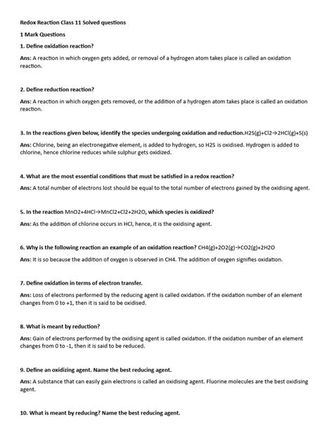 Redox Reaction Class 11 Solved Questions Pdf Redox Chemical Reactions