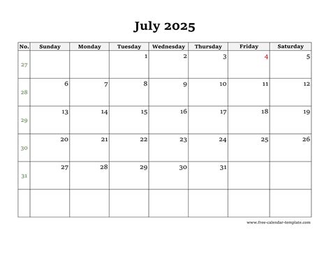 Simple July Calendar 2025 Large Box On Each Day For Notes Free