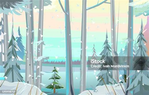 서리가 내린 겨울 날 나무가 있는 눈 풍경 소나무와 가문비 나무 아름다운 시골 장면 추운 계절 만화 스타일의 평면 디자인에 그림 벡터 0명에 대한 스톡 벡터 아트 및 기타