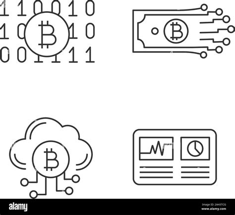 Bitcoin Cryptocurrency Linear Icons Set Binary Code Digital Money Cloud Mining Hashrate